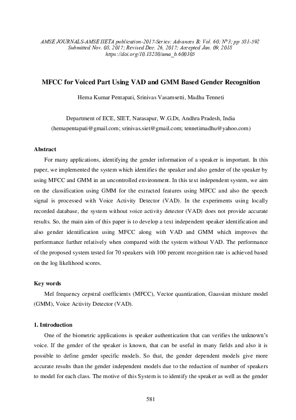 Pdf Mfcc For Voiced Part Using Vad And Gmm Based Gender Recognition