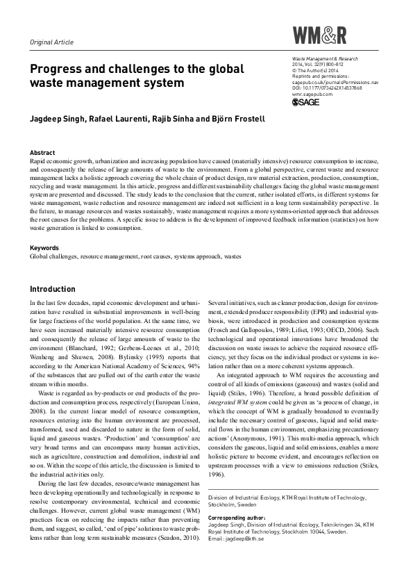 (PDF) Progress and challenges to the global waste management system
