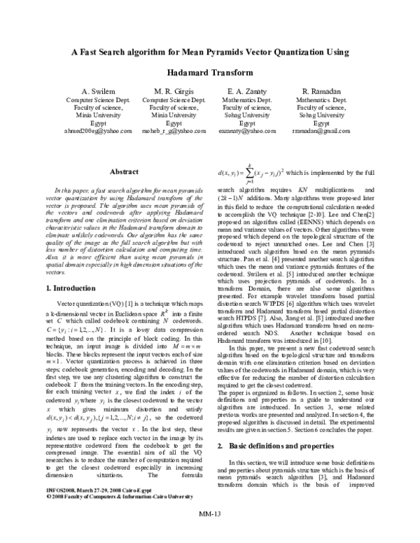 (PDF) A fast search algorithm for mean pyramids vector quantization using Hadamard transform