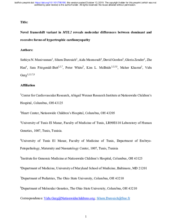 (PDF) Novel frameshift variant in MYL2 reveals molecular differences ...