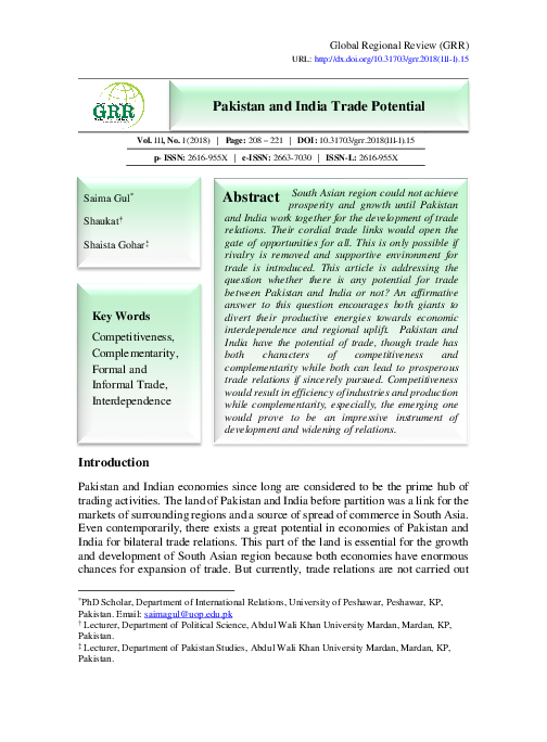 (PDF) Pakistan and India Trade Potential
