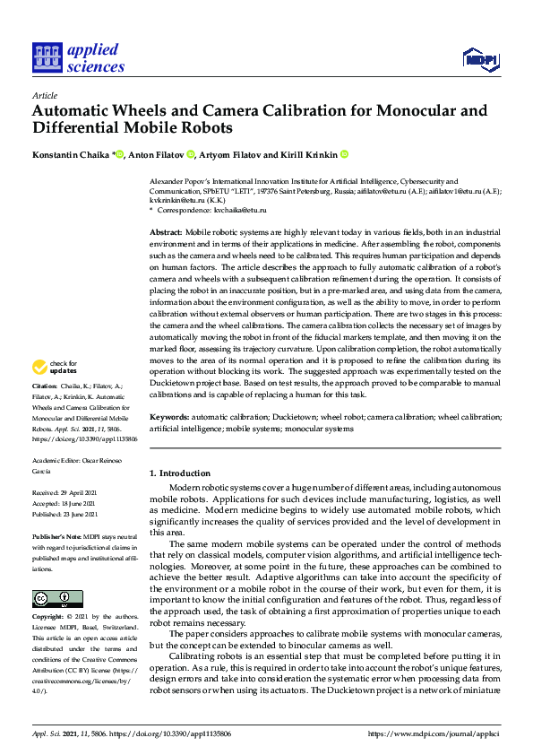 (PDF) Automatic Wheels and Camera Calibration for Monocular and Differential Mobile Robots