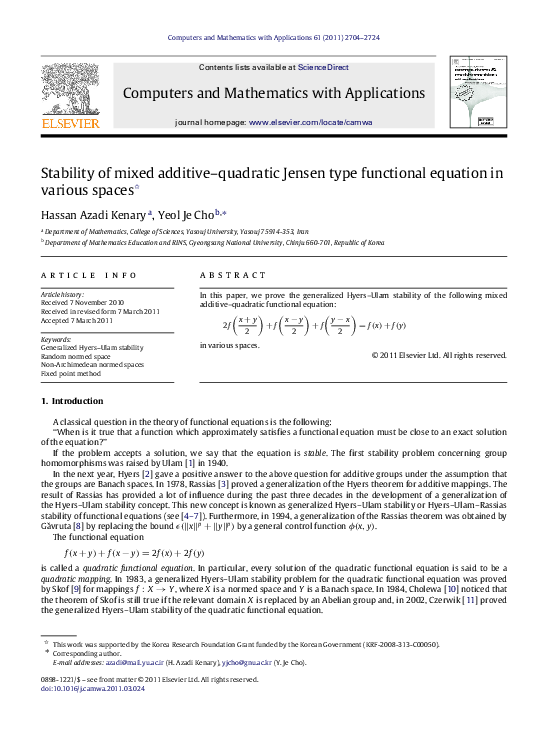 (PDF) Stability of mixed additive–quadratic Jensen type functional equation in various spaces