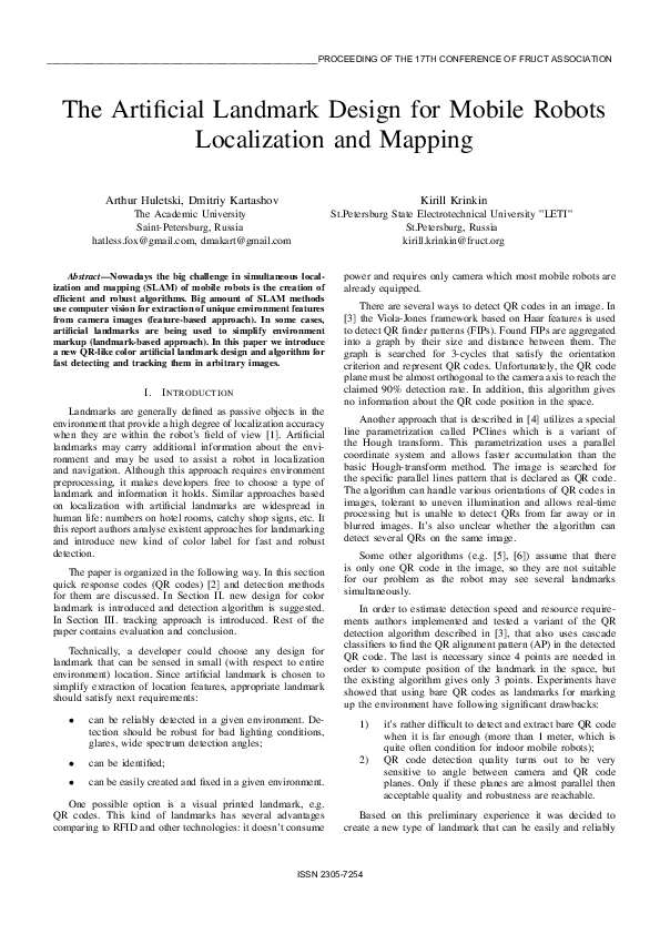 Pdf The Artificial Landmark Design For Mobile Robots Localization And
