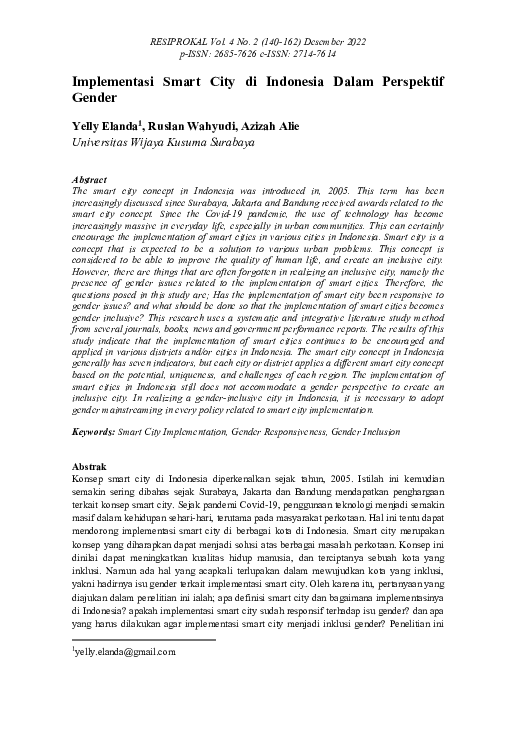 (PDF) Implementasi Smart City di Indonesia Dalam Perspektif Gender