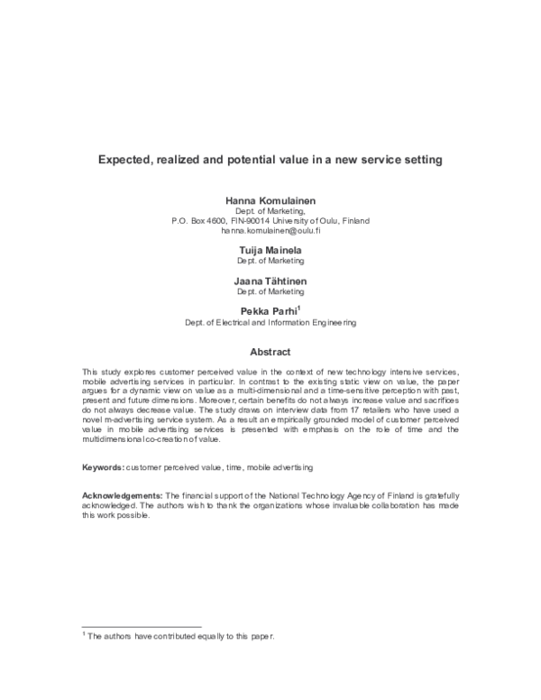 (PDF) Expected, realized and potential value in a new service setting ...