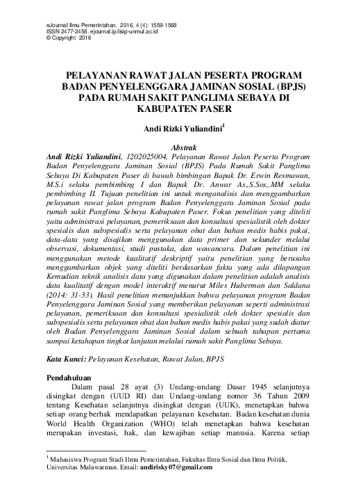 (PDF) Pelayanan Rawat Jalan Peserta Program Badan Penyelenggara Jaminan Sosial (BPJS) Pada Rumah ...