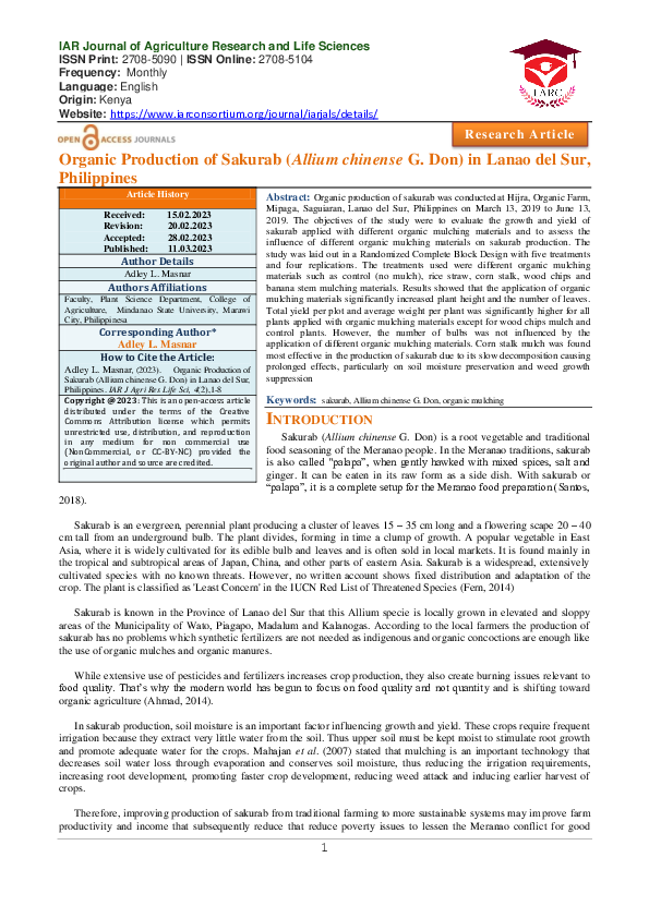 (PDF) Organic Production of Sakurab (Allium chinense G. Don) in Lanao ...