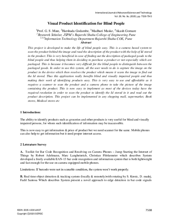 (PDF) Visual Product Identification for Blind People