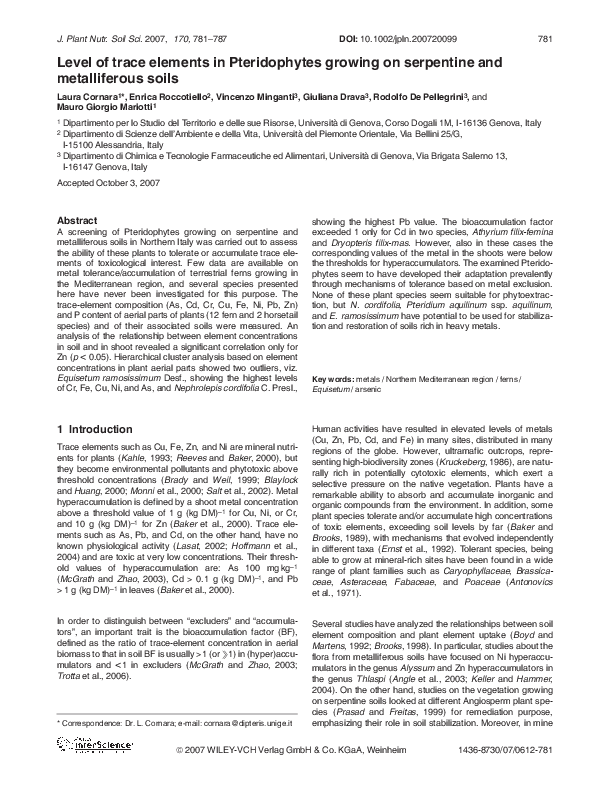 (PDF) Level of trace elements in Pteridophytes growing on serpentine ...