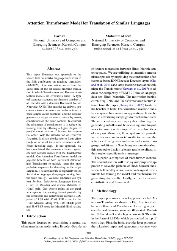 (PDF) Attention Transformer Model for Translation of Similar Languages