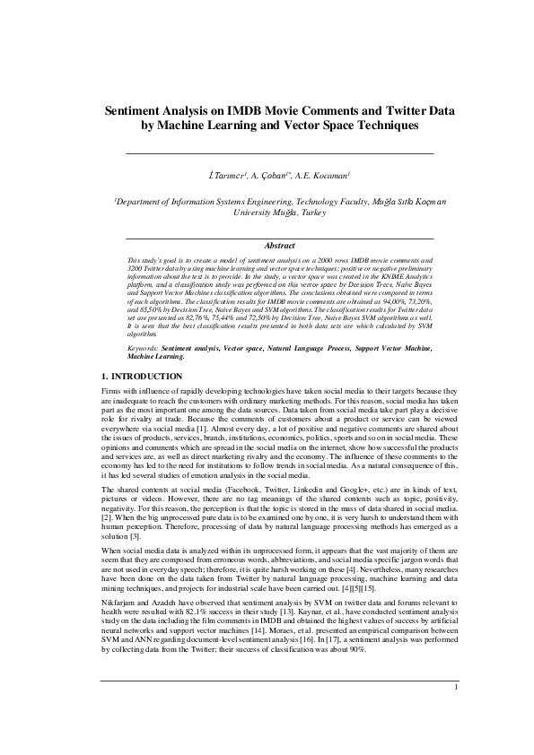 Pdf Sentiment Analysis On Imdb Movie Comments And Twitter Data By Machine Learning And Vector 