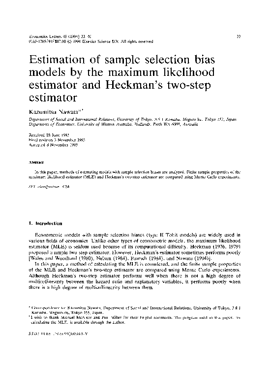 Pdf Estimation Of Sample Selection Bias Models By The Maximum
