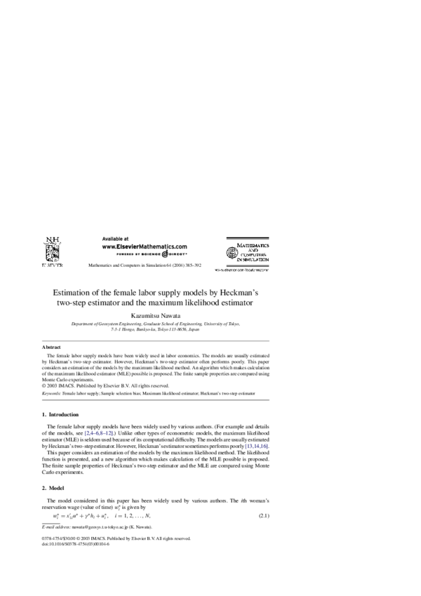 (PDF) Estimation of the female labor supply models by Heckman’s two ...