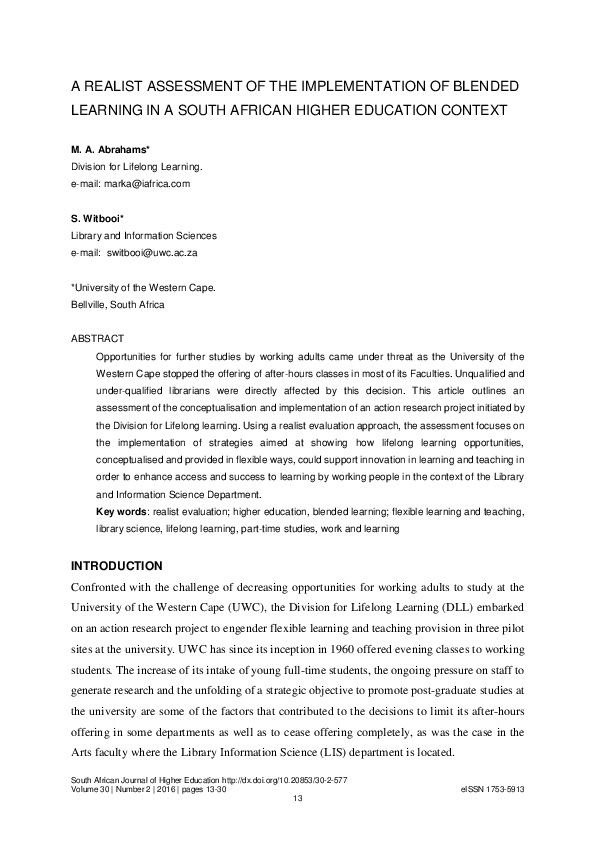 (PDF) A realist assessment of the implementation of blended learning in a South African higher ...