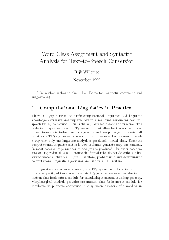 Pdf Word Class Assignment And Syntactic Analysis For Text To Speech