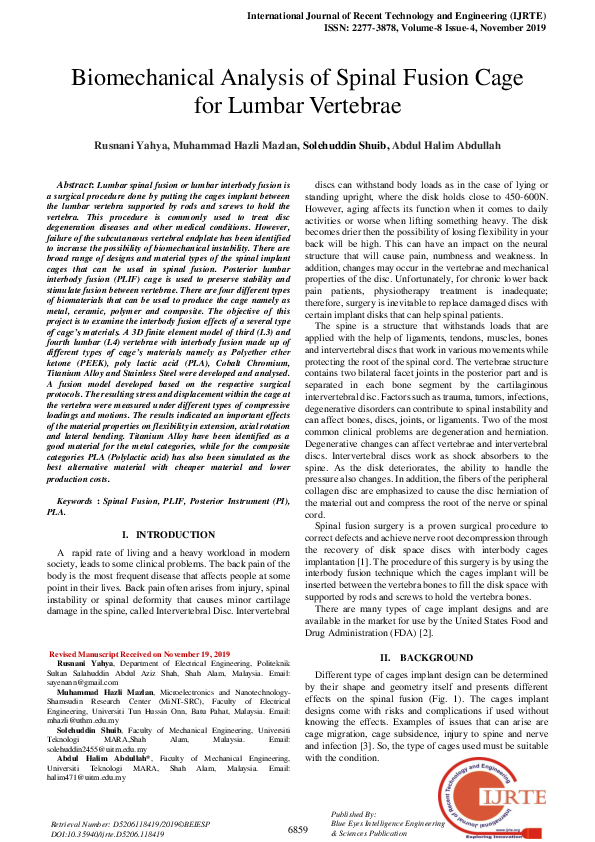 (PDF) Biomechanical Analysis of Spinal Fusion Cage for Lumbar Vertebrae