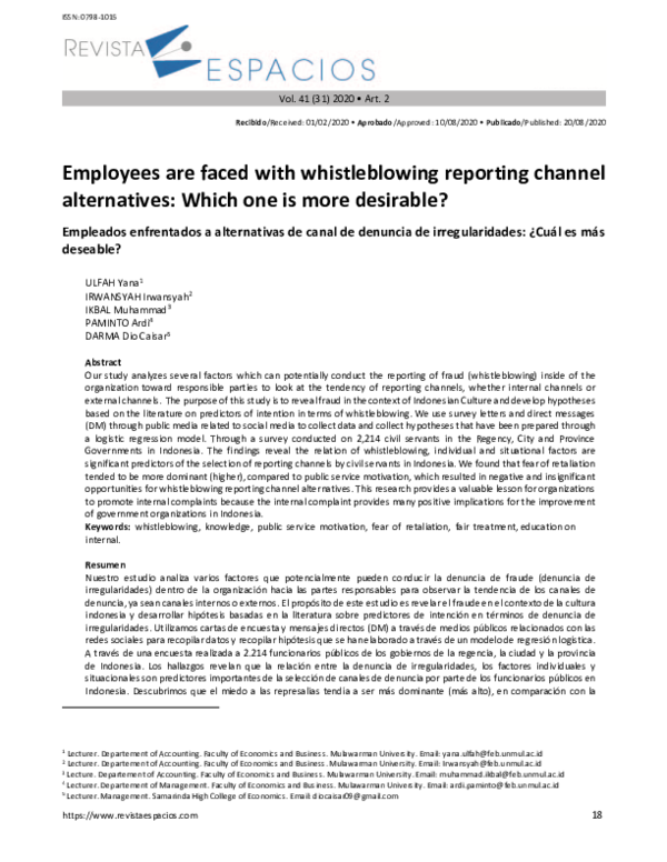 (PDF) Employees are faced with whistleblowing reporting channel ...