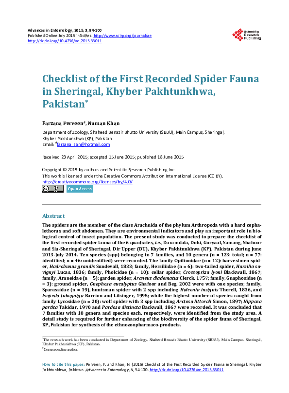 (PDF) Checklist of the First Recorded Spider Fauna in Sheringal, Khyber ...