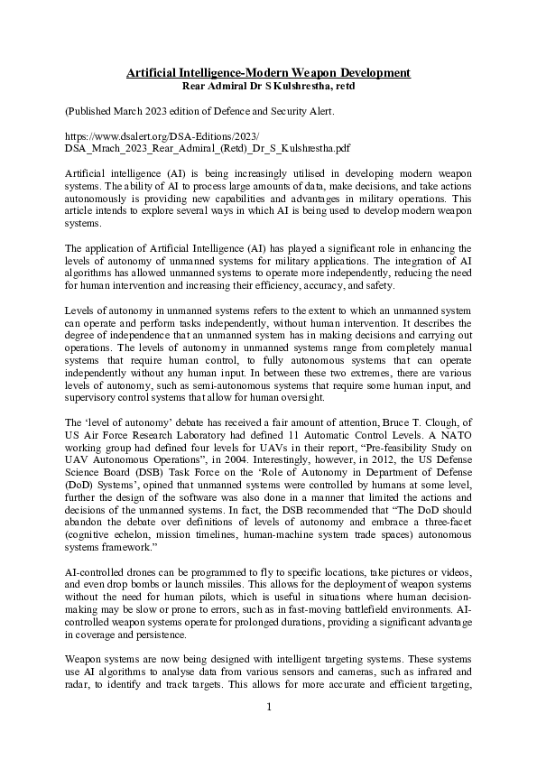 (DOC) Artificial Intelligence-Modern Weapon Development