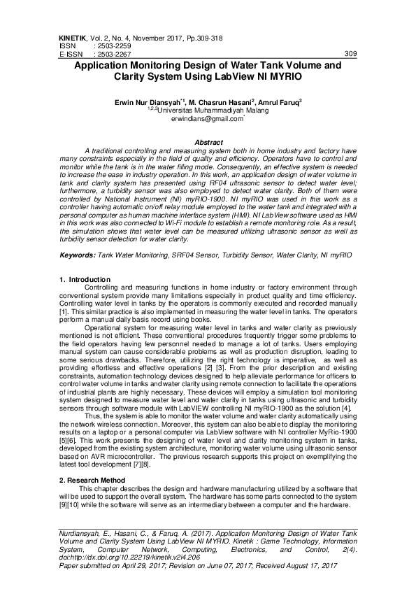 Pdf Application Monitoring Design Of Water Tank Volume And Clarity System Using Labview Ni Myrio