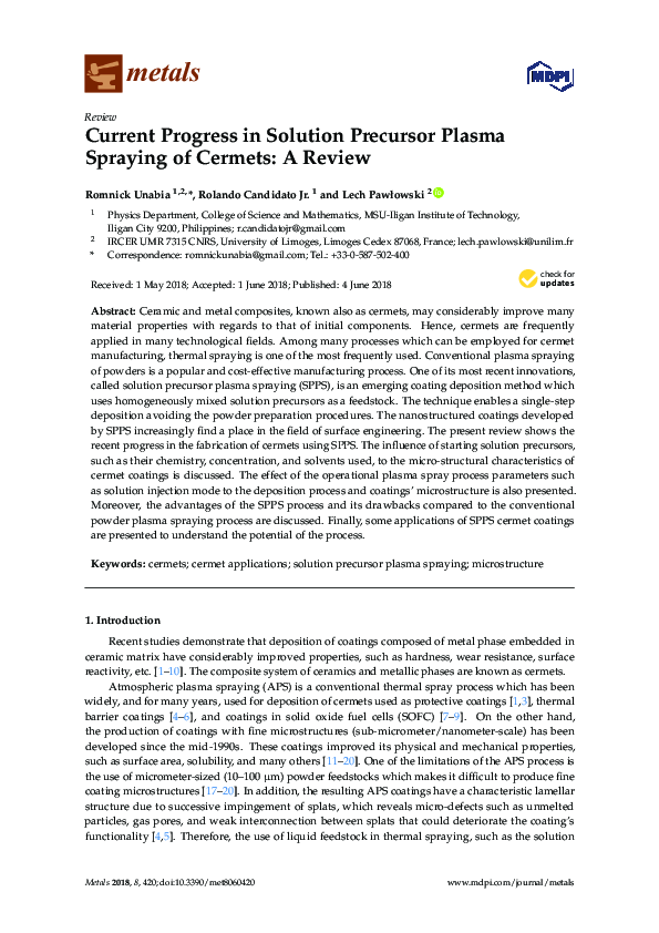 (PDF) Current Progress in Solution Precursor Plasma Spraying of Cermets ...