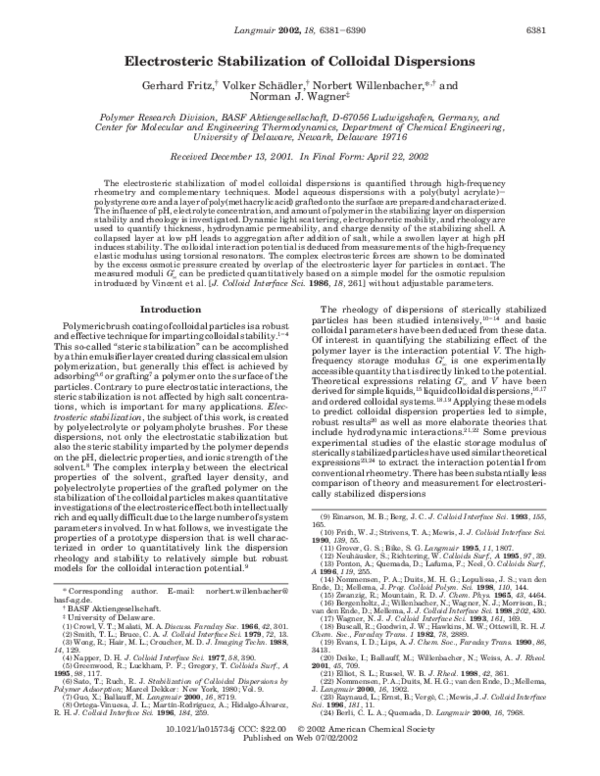 (PDF) Electrosteric Stabilization of Colloidal Dispersions
