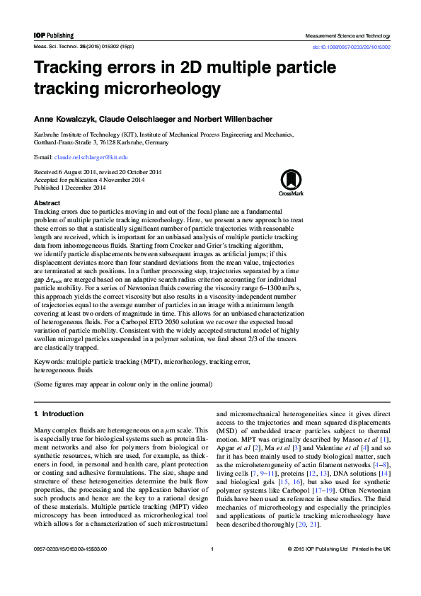 (PDF) Tracking errors in 2D multiple particle tracking microrheology