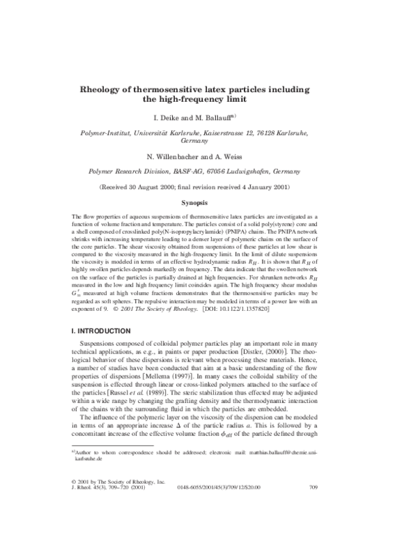 (PDF) Rheology of thermosensitive latex particles including the high-frequency limit