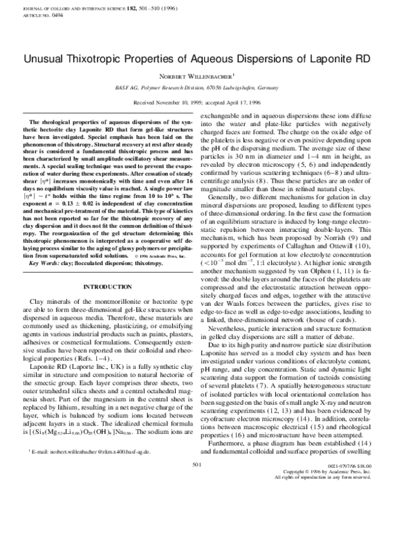 (PDF) Unusual Thixotropic Properties of Aqueous Dispersions of Laponite RD