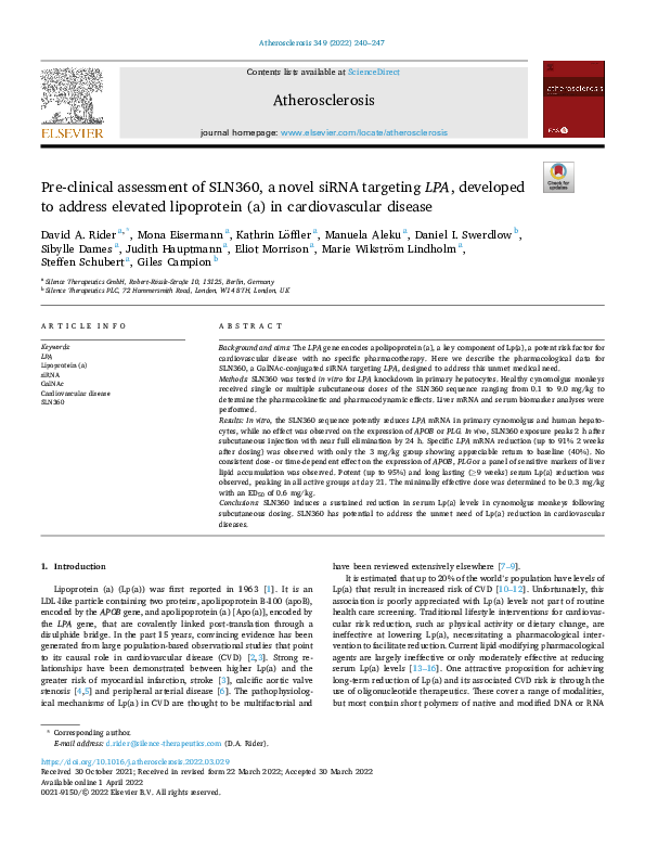 (PDF) Pre-clinical assessment of SLN360, a novel siRNA targeting LPA ...