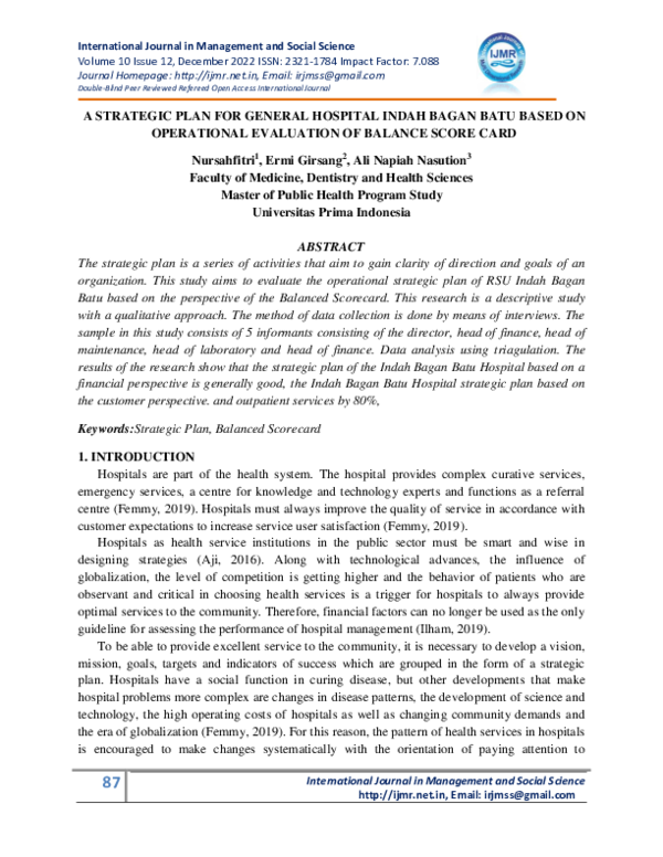 (PDF) A STRATEGIC PLAN FOR GENERAL HOSPITAL INDAH BAGAN BATU BASED ON ...