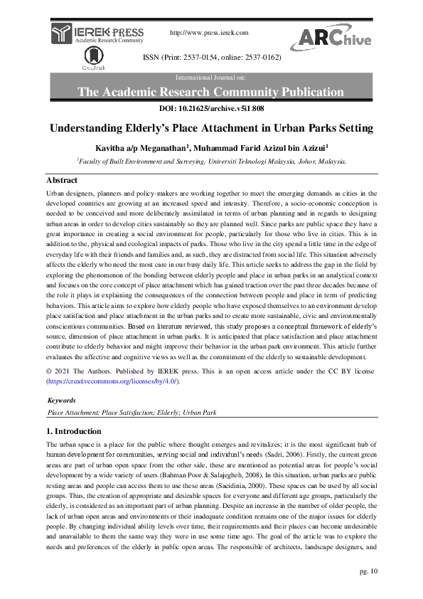 (PDF) Understanding Elderly’s Place Attachment in Urban Parks Setting