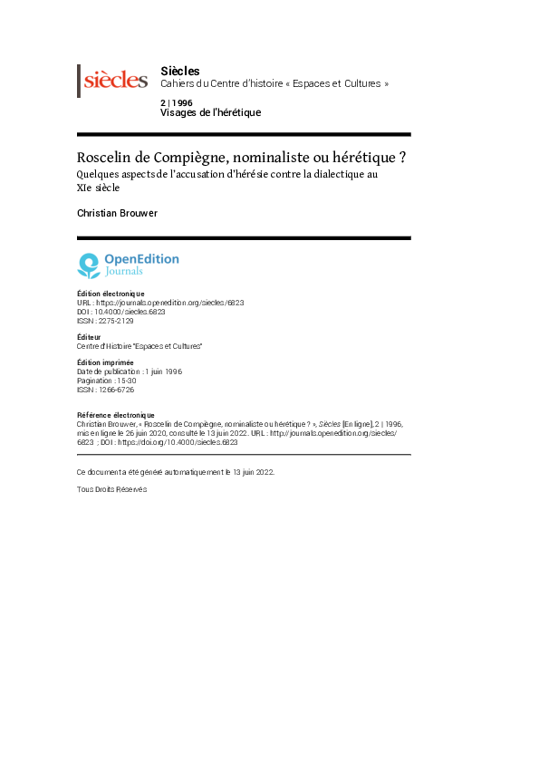 (PDF) Roscelin de Compiègne, nominaliste et hérétique ?: Quelques ...
