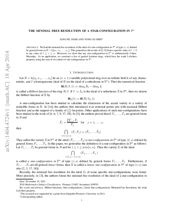 (PDF) The Minimal Free Resolution of A Star-Configuration in $ mathbb{P}^n$