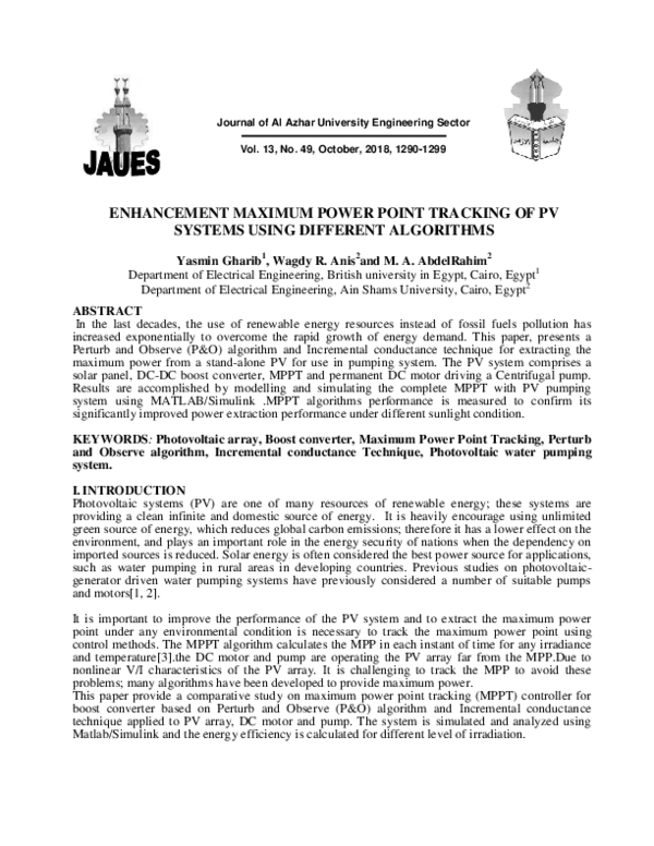 (PDF) Enhancement Maximum Power Point Tracking of PV Systems Using Different Algorithms