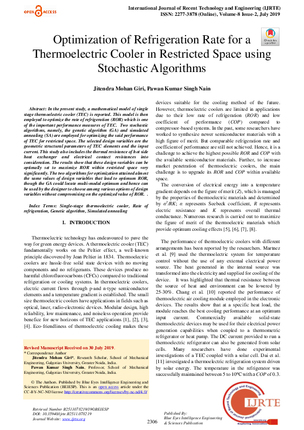 (PDF) Optimization of Refrigeration Rate for a Thermoelectric Cooler in Restricted Space using ...