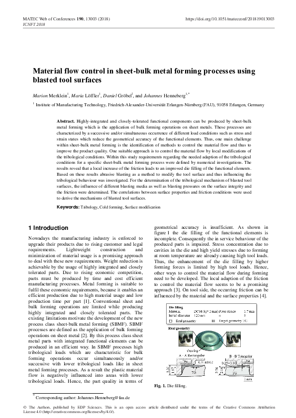 (PDF) Material flow control in sheet-bulk metal forming processes using blasted tool surfaces