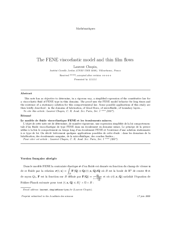 (PDF) The FENE viscoelastic model and thin film flows