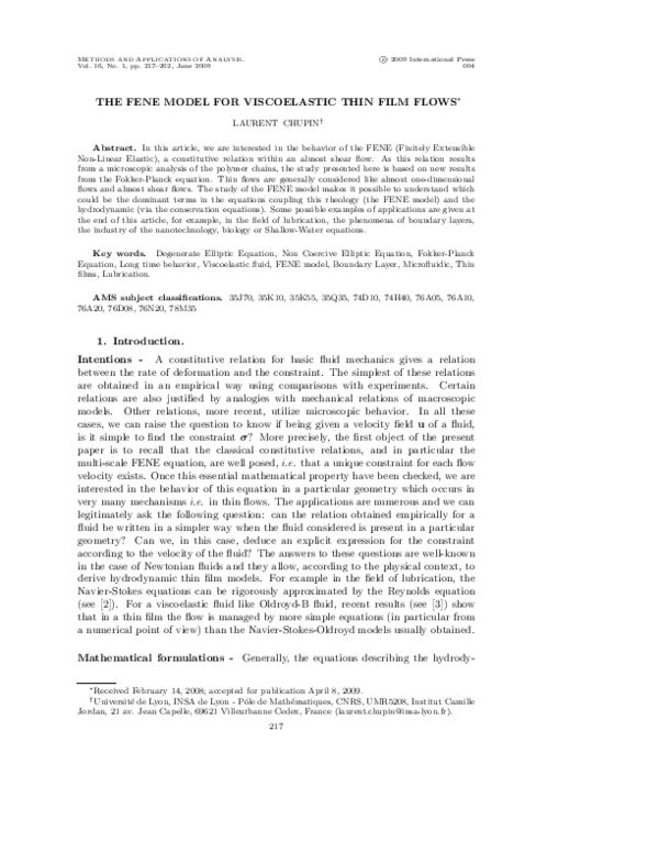 (PDF) The FENE Model for Viscoelastic Thin Film Flows