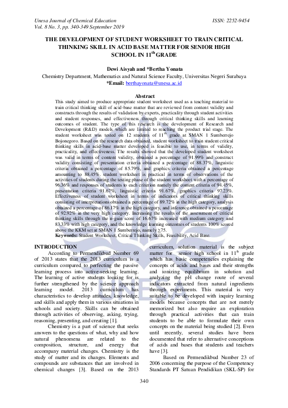 (PDF) THE DEVELOPMENT OF STUDENT WORKSHEET TO TRAIN CRITICAL THINKING ...