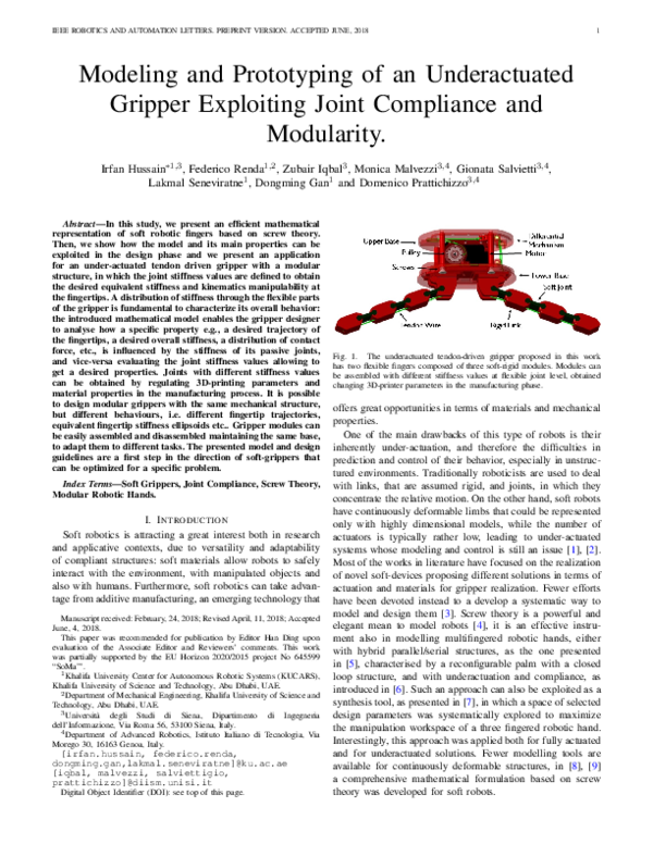 (PDF) Modeling and Prototyping of an Underactuated Gripper Exploiting Joint Compliance and ...