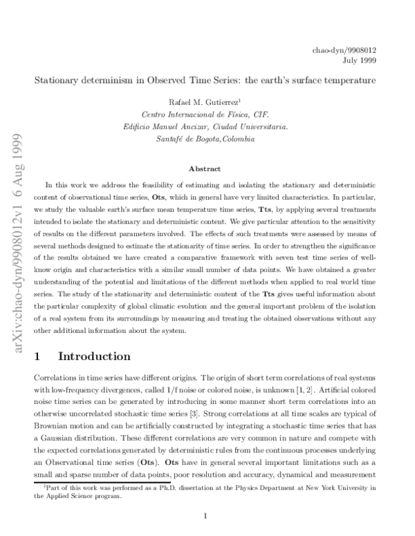 Pdf Stationary Determinism In Observed Time Series The Earths Surface Temperature