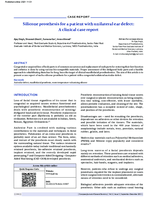 (PDF) Silicone prosthesis for a patient with unilateral ear defect: A ...