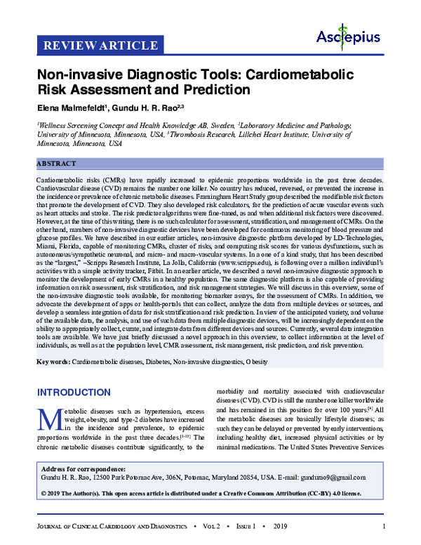 (PDF) Non-invasive Diagnostic Tools: Cardiometabolic Risk Assessment and Prediction