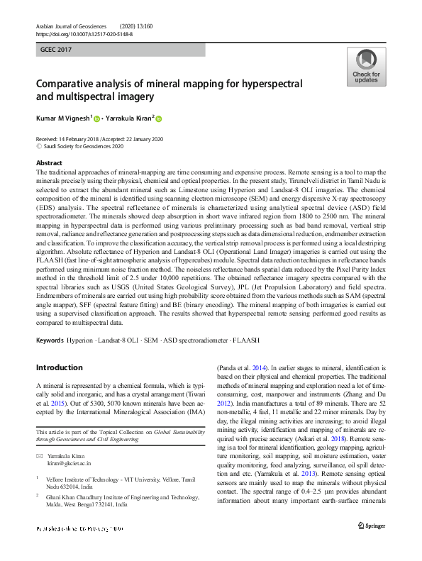 Pdf Comparative Analysis Of Mineral Mapping For Hyperspectral And