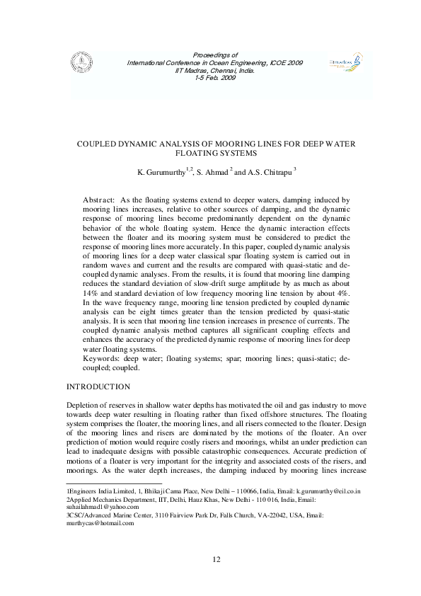 Pdf Dynamic Analysis Of Mooring Lines For Deep Water Floating Systems
