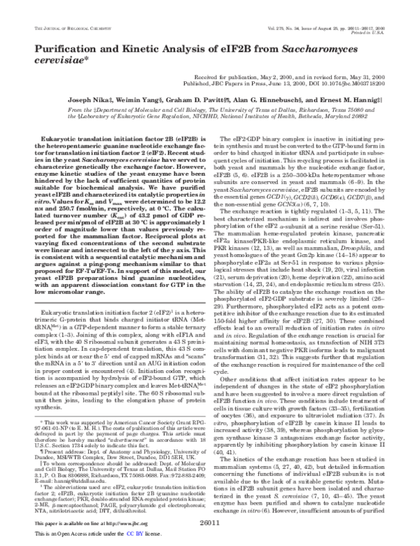 (PDF) Purification and Kinetic Analysis of eIF2B fromSaccharomyces ...