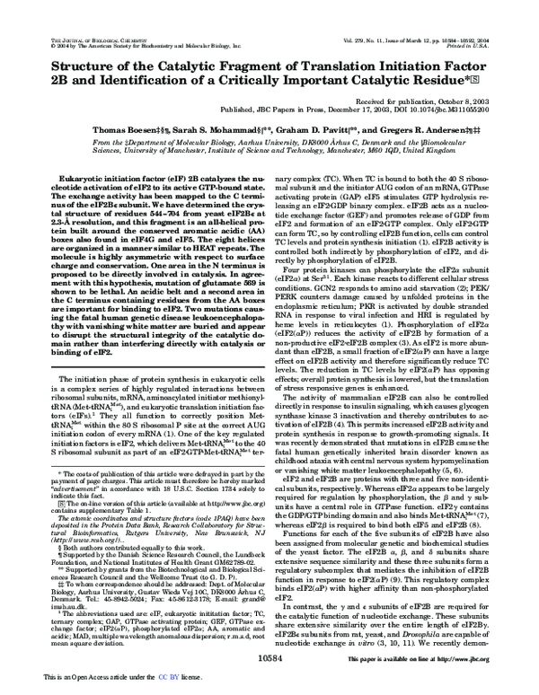 (PDF) Structure of the Catalytic Fragment of Translation Initiation ...