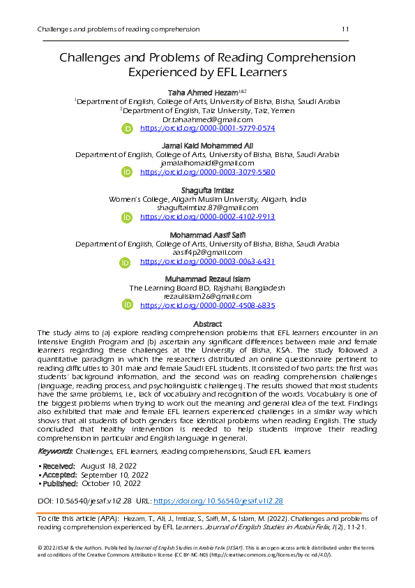 (PDF) Challenges and Problems of Reading Comprehension Experienced by ...